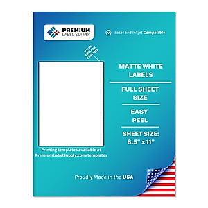 Premium Label Supply White Sticker Full Sheet Shipping Labels – 8.5" x 11" – Laser/Inkjet Compatible – (1 Label/Sheet), 25 Sheets - Letter Size