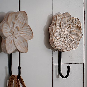 SOFFEE DESIGN Set of 2 Single Hooks 3D Flower Wood Carving Retro Style for Room Wall Decoration, Coat Hat Scarf Hanging Hanger Entry Heavy Hooks Home Decor