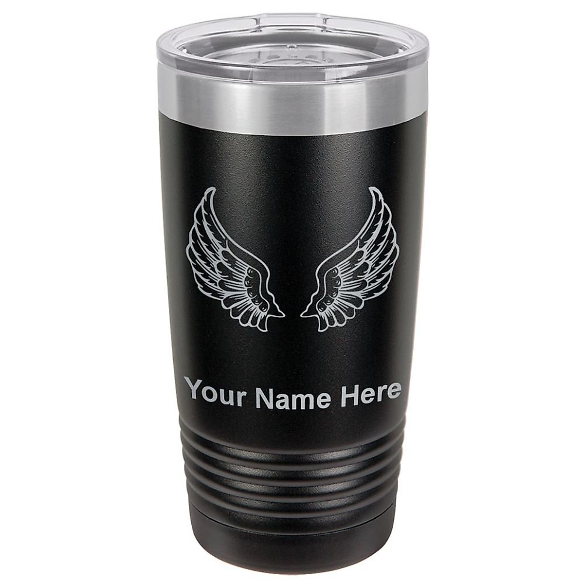 LaserGram 20oz Vacuum Insulated Tumbler Mug, Angel Wings, Personalized Engraving Included (Black)