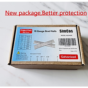 SimCos 5000 pcs 18 Gauge Brad Nails (1/2",3/4",1",1-1/4",2") Galvanized 18 GA Nail Gun Nails Assorted and Small Finishing Nails for Pneumatic, Electric Brad Nailer (package may be changed)