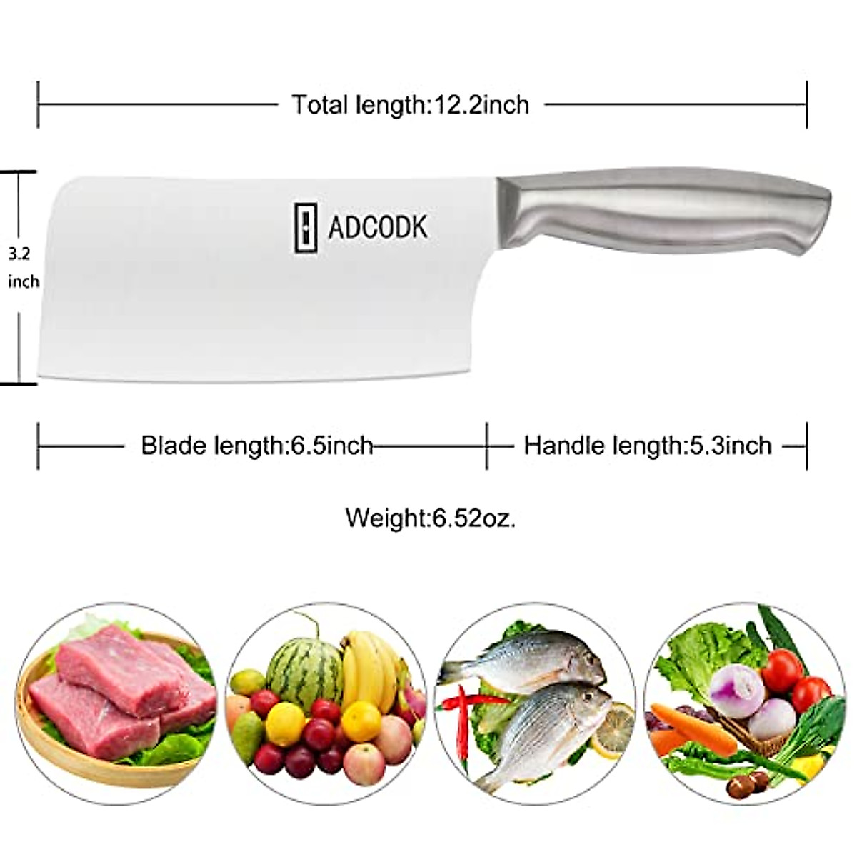 ADCODK Cleaver Knife-Chinese Chef Sharp Knife Butcher Vegetable Meat Cutting Slicing Asian Kitchen Knife Stainless Steel Hollow Handle