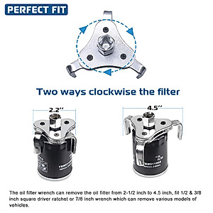 A ABIGAIL Universal Adjustable 3 Jaw Oil Filter Wrench Tool Best for Removing Motorcycles Cars Trucks & Heavy Duty Oil Filters Fits Diameters 2 1/8-4 1/2 Inches Fits ⅜ and ½ inch Drive