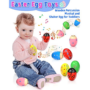 6 Pack Wooden Percussion Musical Shaker Prefilled Easter Eggs with Toys Inside Filled, Toddlers Easter Basket Stuffers Egg Fillers Montessori Toys Gifts for Kids Boys Girls Babies