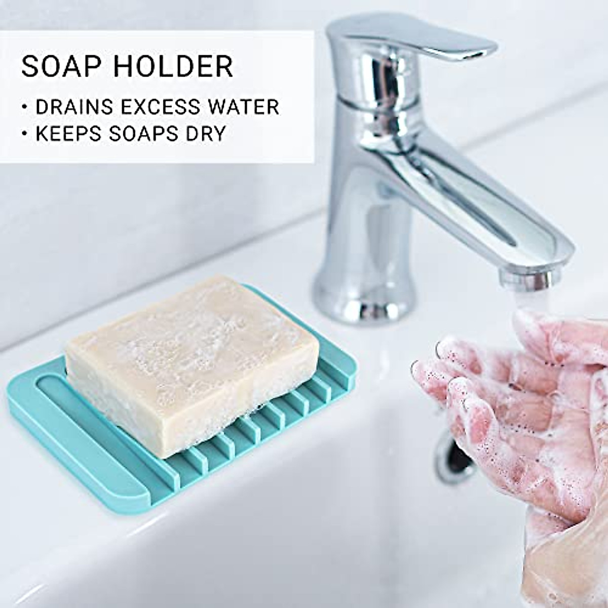 UHMER Silicone Sink Tray & Self Draining Soap Dish 4-Pack, Multipurpose Silicone Sponge Holder & Kitchen Sink Tray Set for Soap Bottles, BPA-Free Flexible Silicone Trays (Turquoise)