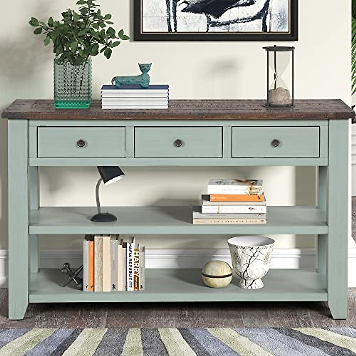HomSof Console Table 48'' Solid Wood Modern Entryway Sofa Side Table with 3 Storage Drawers and 2 Shelves Green