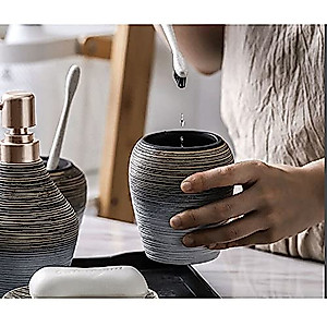 5 Piece Textured Ceramic Bathroom Accessory Set Includes Soap Dish, Lotion Dispenser, Toothbrush Holder and Gargle Cup +Tray Set 5Pcs Bathroom Accessories