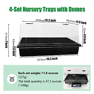RooTrimmer 4-Set Thick Plastic Seed Starter Trays with Tall Clear Humidity Domes for Nursery Pots Humidity Increasing, Transparent Lids for Plant Growing Seedling Propagation Faster, Germination Kit