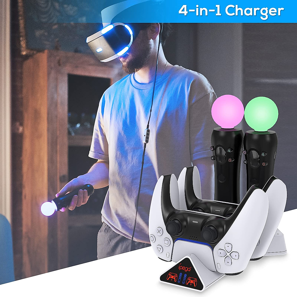 Charger Station for PS Move Motion and for PS5 Controller, 4 in 1 Charger Dock Stand USB Fast Charging Station with LED Indicator for PS Move Controller and for DualSense Controller