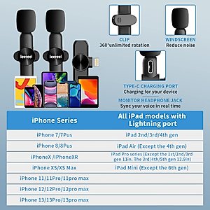 Leereel 2 Pack Wireless Lavalier Microphones for iPhone iPad, 2.4GHz Plug & Play Lapel Clip-on Mic for YouTube TikTok Interview Live Stream Video Recording - 3 Levels Noise Reduction, Auto Sync