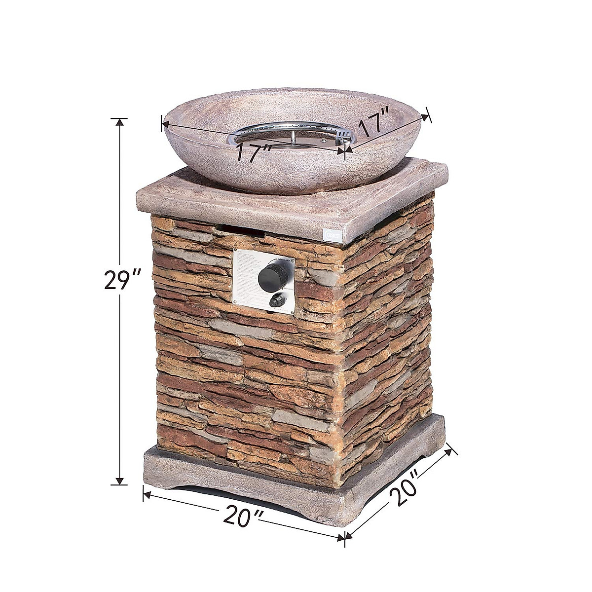 COSIEST Outdoor Propane Fire Pit Table w Faux Brown Compact Ledge Stone 20-inch Square Base and Faux Rose-Marble Round Bowl, 40,000 BTU, Free Lava Rocks, Fits 20lb Tank Inside, Raincover