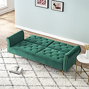 PBOGHLRD Convertible Velvet Loveseat Sofa, Upholstered Nail Head Futon Sofa Bed with Two Pillows, Modern Sleeper Couch Bed for Living Room, Bedroom, Home Office (Green)