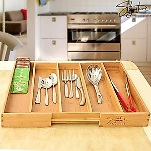 Signature Living Bamboo Expandable Utensil Drawer Organizer, Premium Bamboo for Cutlery, Flatware, Silverware - Drawer Dividers for Easy Storage
