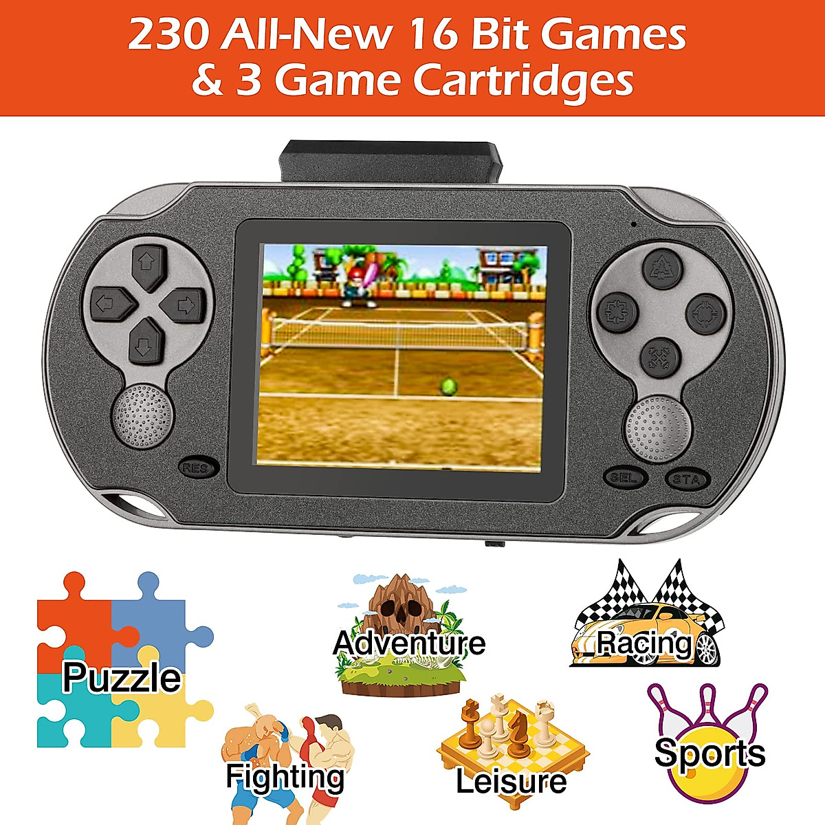 TaddToy 16 Bit Handheld Game for Kids Adults, 3.0'' Large Screen Preloaded 230 HD Classic Retro Video Games with USB Rechargeable Battery & 3 Game Cartridges for Birthday Gift for Kids 4-12 (Black)