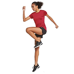 BALEAF Women's Short Sleeve Running Workout Shirts Athletic Tops Lightweight Quick Dry Training Yoga Crewneck Red L
