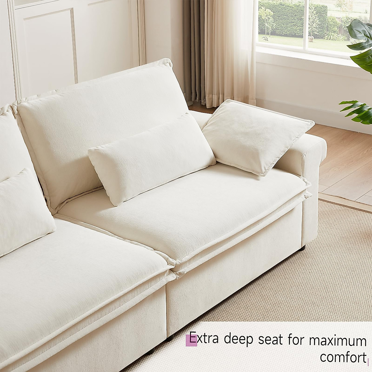 Sivoey 3 Seater Sofa with Deep Seat, 94" Mid Century Modern Upholstered Sofa with Armrests, Tools-Free Assemble, Comfy Chenille Beige Loveseat Couches for Living Room, Bedroom, Apartment and Office