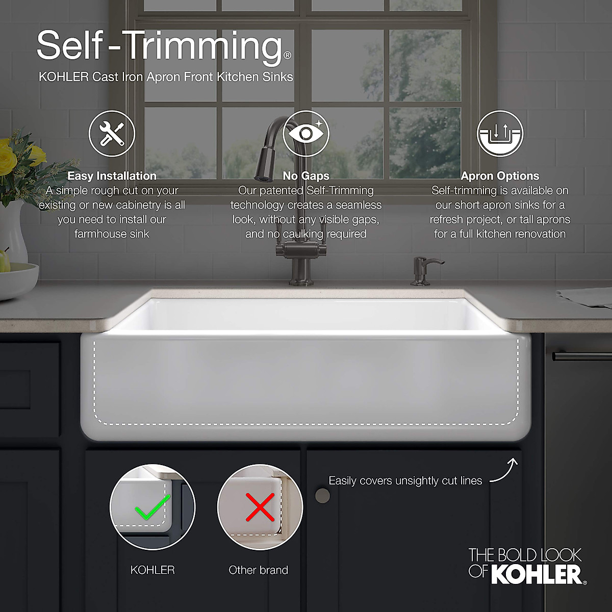 KOHLER 5826-0 Whitehaven Farmhouse Self-Trimming Undermount Single-Bowl Sink with Short Apron, 33 Inch, White