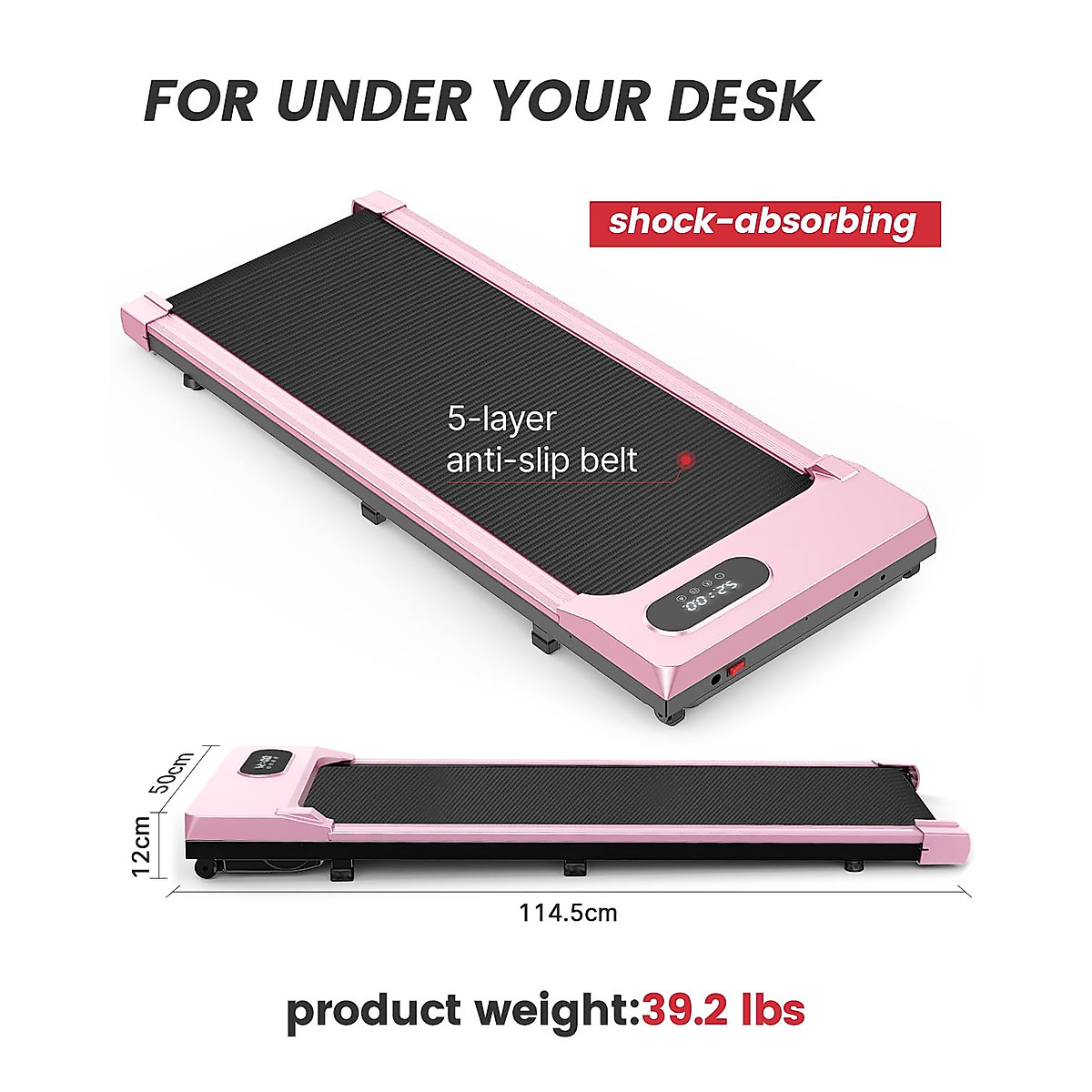Walking Pad Treadmill, 5.0MPH Portable Under Desk Treadmills for Home Office, 3 in 1, No Assembly Required, Remote Control, 300 Lb Capacity (Pink)
