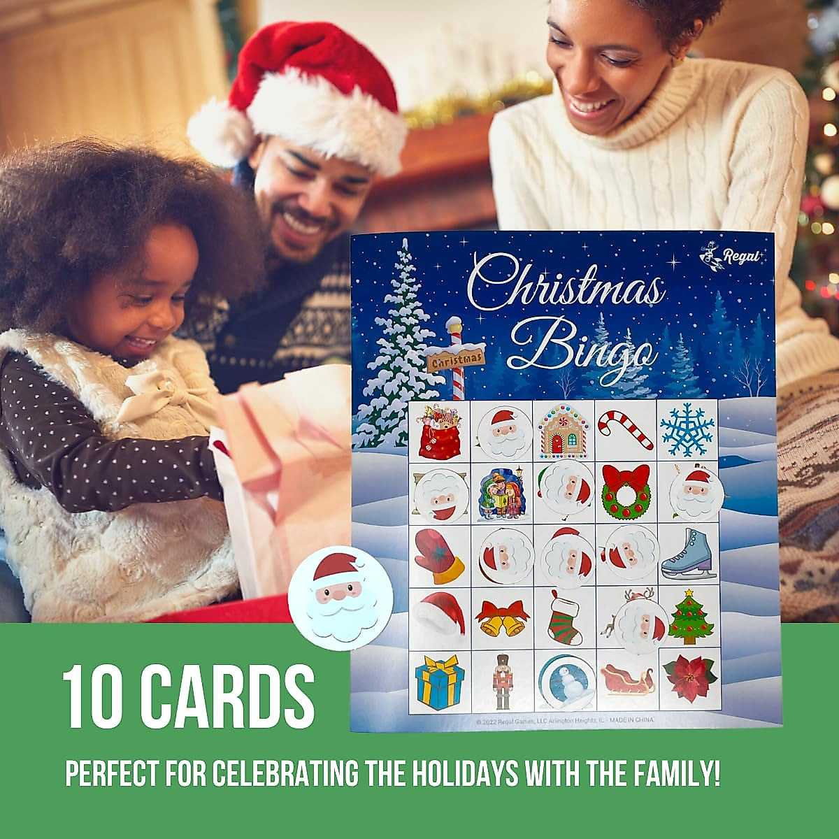 Regal Games - Holiday Bingo Set - Family Size Game Kit - Includes 10 Bingo Cards, 168 Bingo Marking Chips, 24 Calling Chips - 8” x 7” Cardstock