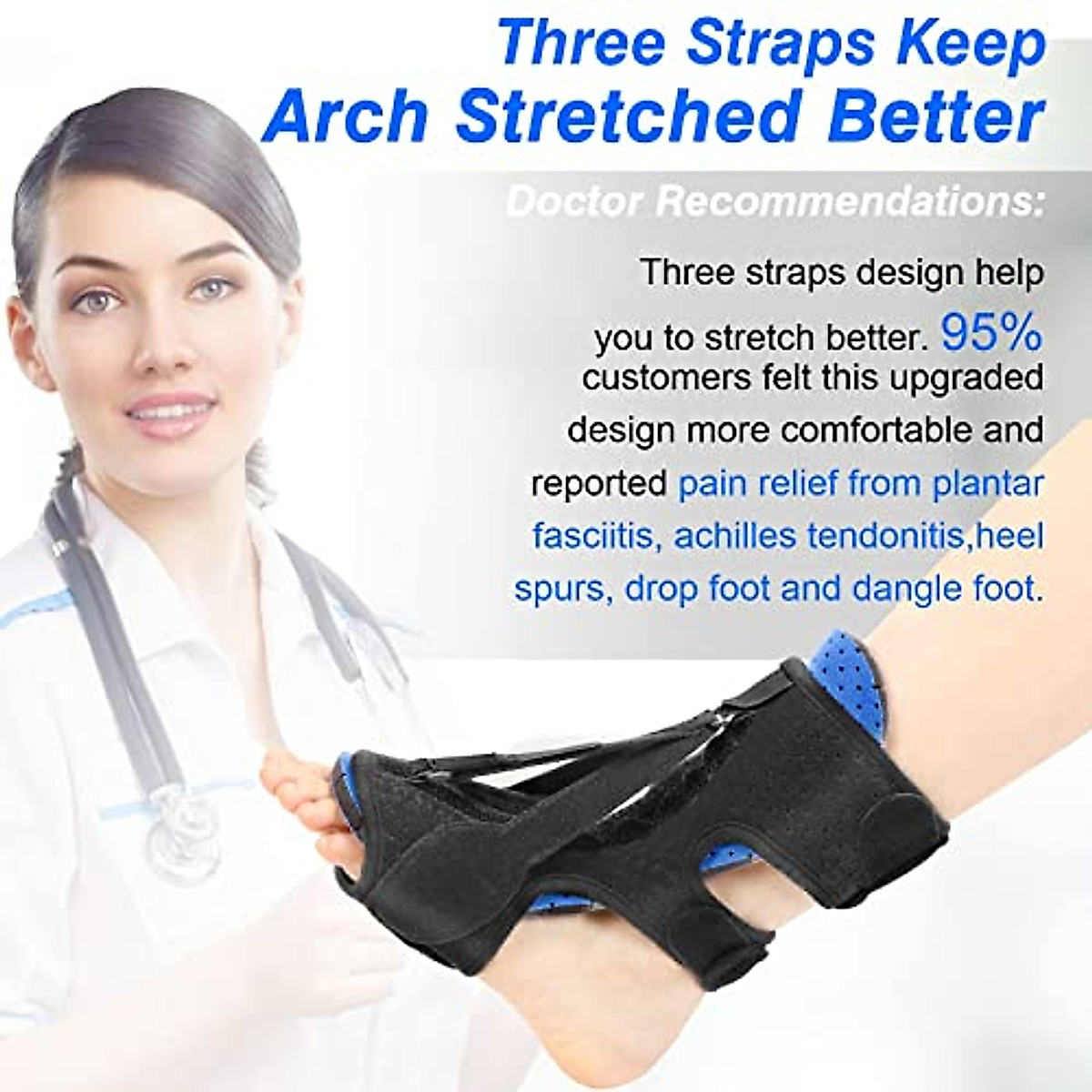 Adjustable Plantar Fasciitis Relief Night Splint, Plantar Fasciitis Night Splint for Plantar Fasciitis, Foot Drop Ankle Pain, Heel Pain, Achilles Tendonitis with 3 Straps