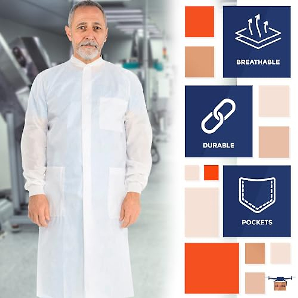 EZGOODZ White Disposable Lab Coats for Adults, S. 10 Pack Disposable Lab Coat with Snaps. SMS 40 GSM Medical PPE Coat. Painting Lab Coat Disposable with Snaps Front, Knit Cuffs, Collar, 3 Pockets