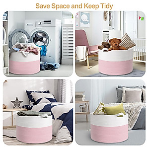 Comfymon Large Blanket Basket, 22" x 22" x 14" Woven Baby Laundry Blanket Basket Toy Basket with Handle, Kids Dog Toy Storage Baskets Organizer Bins, Blanket Storage for Living Room, Pink