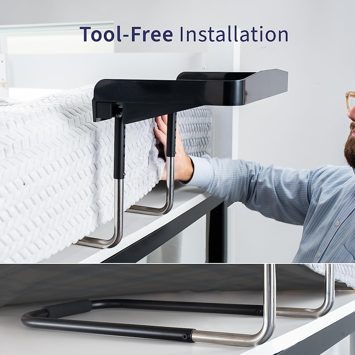 Height Adjustable Under Mattress 17 inch Bedside Shelf, Works with Lofts and Beds Without Frames, Heavy Duty Storage Tray, Fits Laptops, Books, and Drinks, Nightstand Alternative, Black