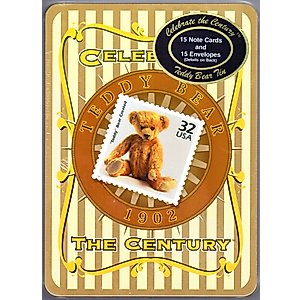 USPS Celebate the Century 1902 Teddy Bear in a Stamp Collector's Tin Box with 15 Note Cards and 15 Envelopes That Celebrate the Creation of the teddy Bear