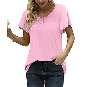 DB MOON Womens 2023 Summer Tops Casual Ruffle Short Sleeve T Shirts Shirred Crewneck Tunic Loose Fit Blouses XL, Pink