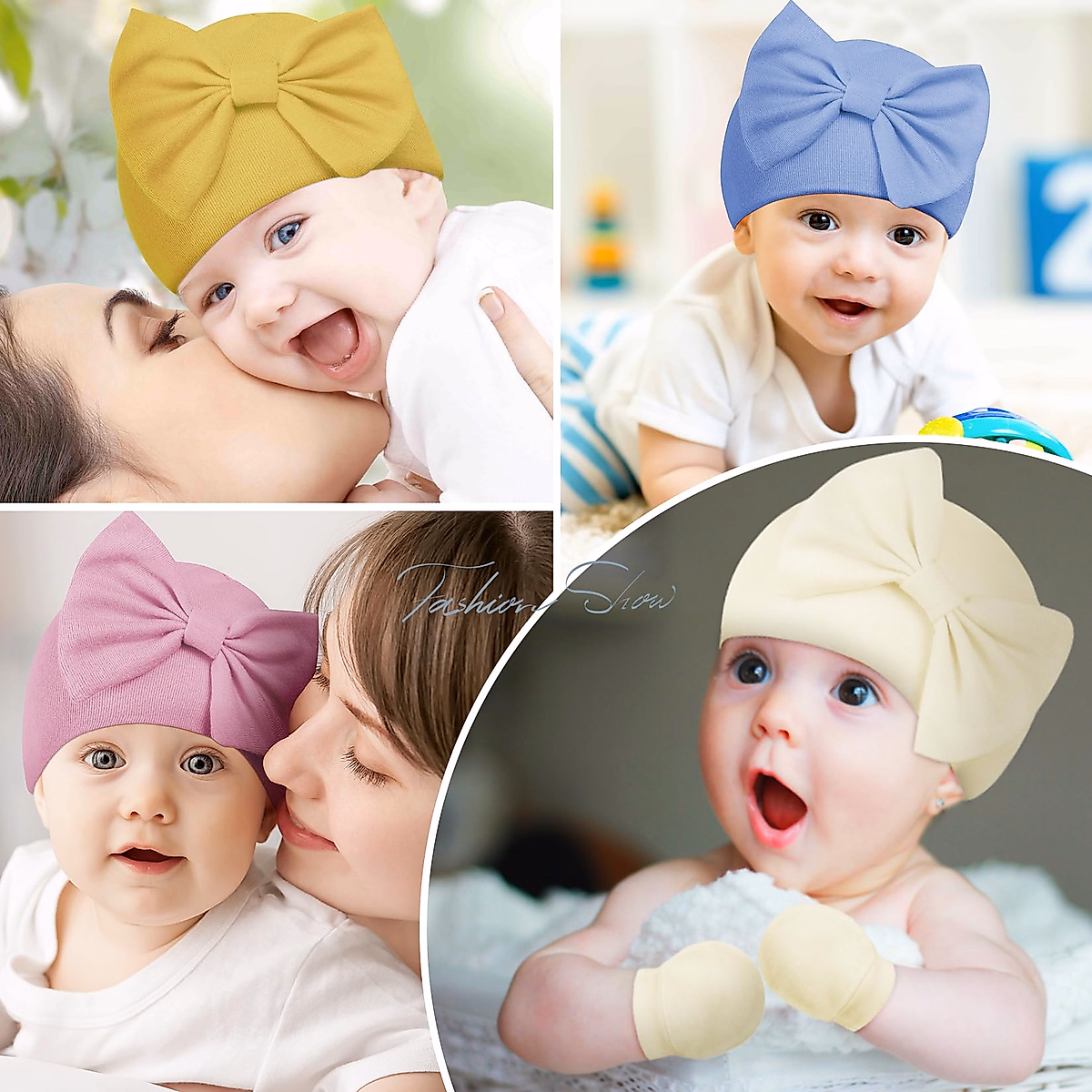 Century Star Newborn Girls Hats Baby Hat and Mitten Set Big Bow Knit Infant Headbands Winter Baby Hat for Girls E White & Pink & Purple & Deep Pink 0-3 Months