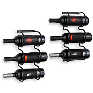Wallniture Dijon Wine Rack Wall Mounted or Under Cabinet Organizer for 3 Liquor or Wine Bottles, Black Metal Wall Decor Set of 2