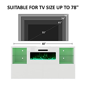 AMERLIFE 68" Fireplace TV Stand with 40" Fireplace, Modern High Gloss Fireplace Entertainment Center with LED Lights for TVs up to 78", TV Console with Glass Shelves for Living Room, White
