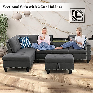 Rovibek L Shaped Sectional Couch with Ottoman and Pillows, 2 Cup Holders Design Living Room Sofa Set for Apartment, Office
