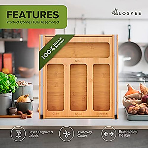 LOSKEE Ziplock Bag Organizer and Plastic Wrap Dispenser with Cutter, 6 IN 1 Expandable Bamboo Foil and Plastic Wrap Organizer for Kitchen Drawer, Ziplock Bag Storage Organizer for Gallon, Quart, Sandwich, and Snack Bags