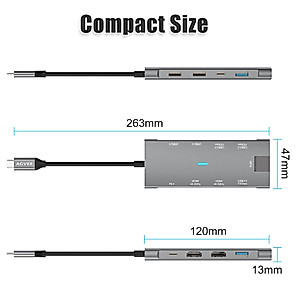 AGVEE Dual 4K@60HZ HDMI USB-C Hub, 9-in-1 Type-C Adapter with Flip Gigabit Ethernet RJ45, 2 Displays Monitors Output, 100W PD & USBC Data Dock for Steam Deck, MacBook Laptop, iPad Pro, Gray
