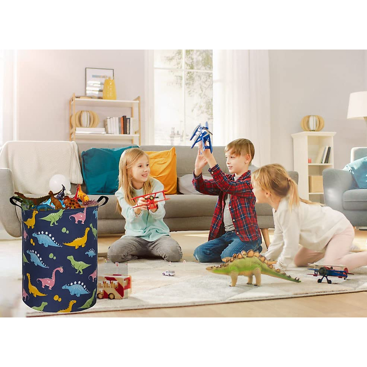 ESSME Kids Dinosaur Laundry Basket Dinosaur Storage Bin Collapsible Canvas Waterproof Coating Boys hamper for Toy Bins,Baby hamper,Boys Room Decor(Navy Blue dinosaur)