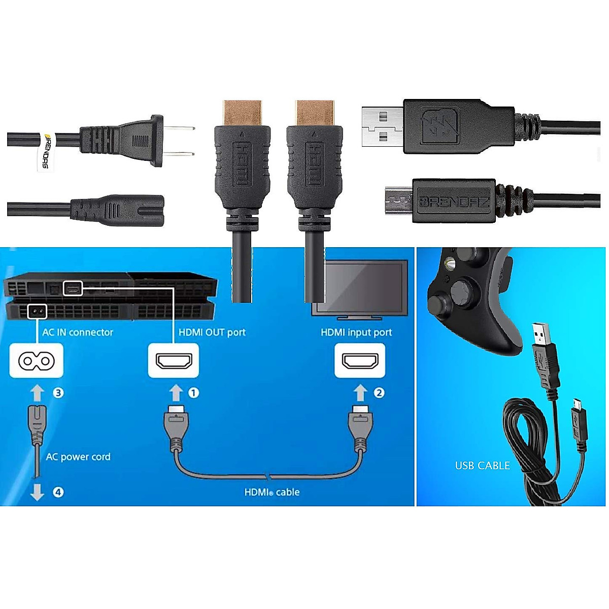 BRENDEZ Replacement Set of Cables,- HDMI Cable with Ethernet Male to Male + USB Cable + Power Cord Compatible with Sony PlayStation 4 Pro and PlayStation 4 PS4 Gaming Console (6-FEET)