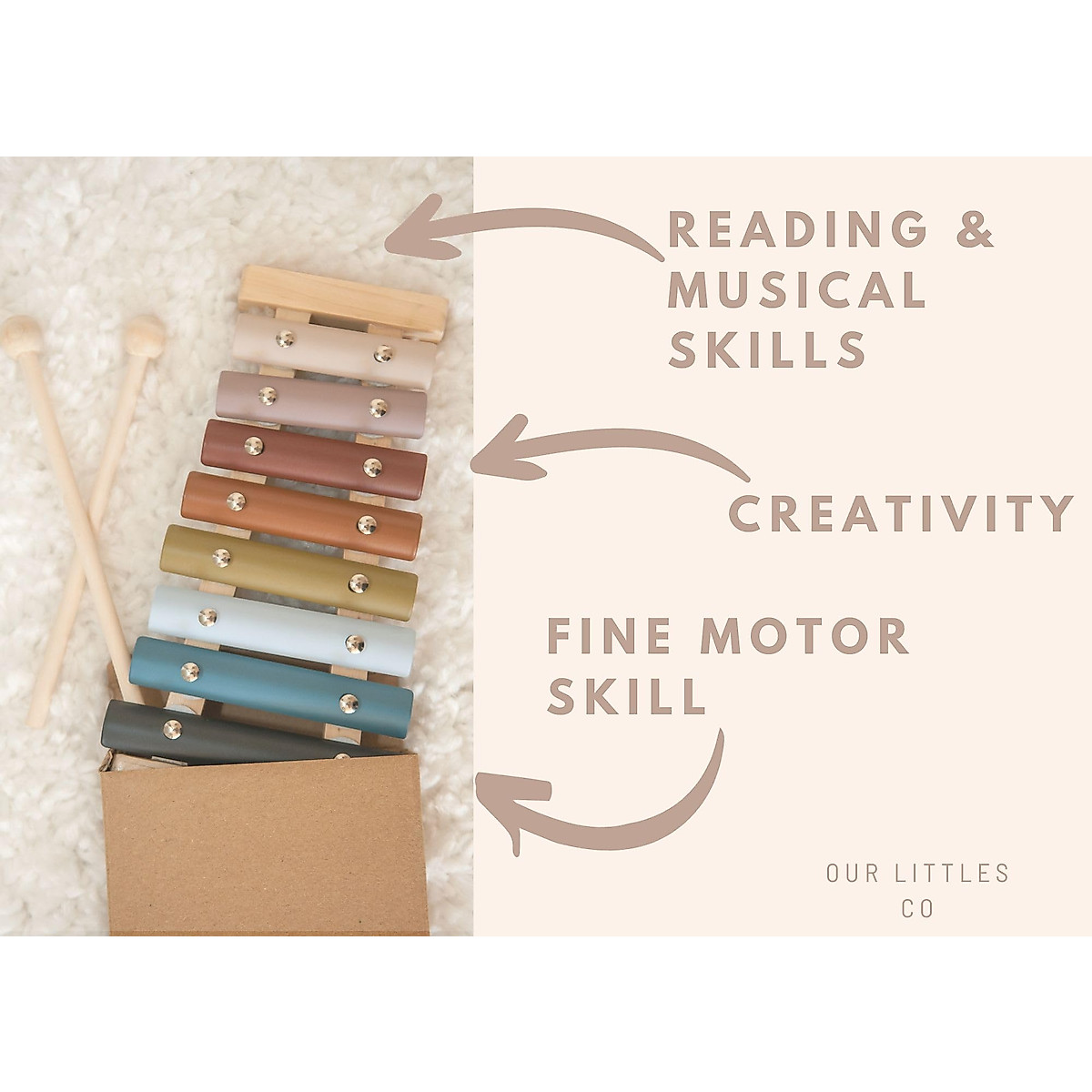 Our Littles Co Neutral Xylophone Instrument | Montessori Musical Toy for Toddlers & Kids Song Book | Educational Developmental Sensory Toys Non-Toxic Safe Gift Organic | Designed in USA