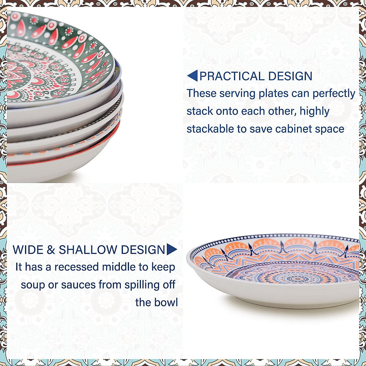 Kitchenexus Ceramic Pasta Bowls Set of 6 30oz Large Salad Bowl Wide and Shallow Porcelain Salad Pasta Dishes Colorful Patterns Serving Plates and Bowls for Pasta, Salad, Cereal, Soup