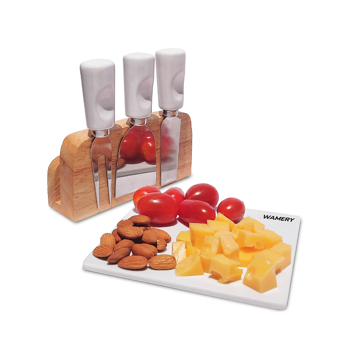 Wamery Cheese Knife Set - 3 Stainless Steel Cheese Knife Set for Charcuterie Board and Small Ceramic Cheese Cutting Board with Magnetic Wooden Holder Portable for Pairing with Wine Meat Fruit