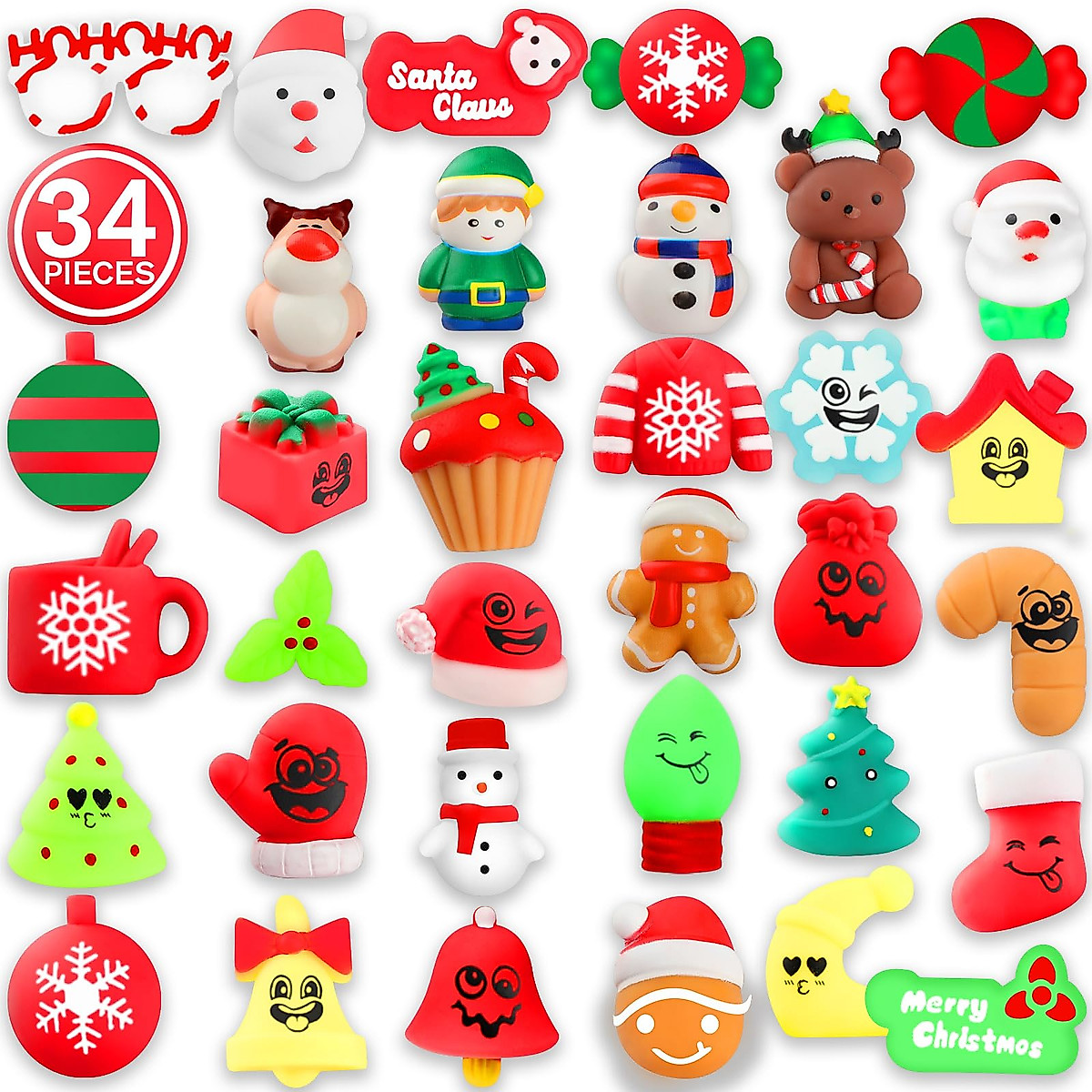 VNAMO Christmas Squishy Toys, 34 PCS Squishies Christmas Party Favors for Kids Boys Girls, Mochi Kawaii Squishy Stress Reliever Anxiety Toys, Classroom Prize Bulk Gifts for Christmas Treat Goody Bags