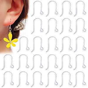 200Pcs 0.65mm Plastic Earring Hook Clear Ear Wire Hooks Safety Earring Fish Hooks Findings Components for Women Girls DIY Jewelry Making