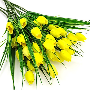 Guagb 8 Bundles Outdoor Artificial Tulips Fake Flowers UV Resistant Faux Plastic Greenery Shrubs Plants for Home Outside Garden Porch Window Farmhouse Decor (Yellow)