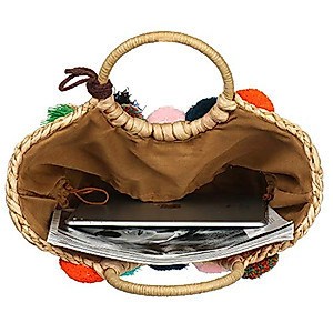 Womens Large Straw Bags Beach Tote Bag Handwoven Hobo Bag Summer Beach Bag Straw Handbag (Brown with Pom Poms)