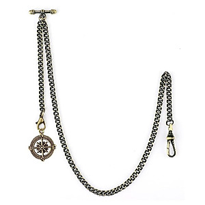 SIBOSUN Pocket Watch Albert Chain T Bar & Lobster Clasps Watch Chain Vest Chain for Men Curb Link Chain 2 Hooks with Antique Compass Pendant Design Charm Fob T-Bar Chain Bronze