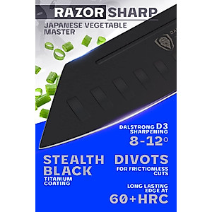 Dalstrong Santoku Knife - 7 inch - Delta Wolf Series - Ultra-Thin & Zero Friction Blade - Black Titanium Nitride Coating Vegetable Kitchen Knife - G10 Camo Handle - Leather Sheath