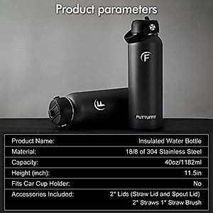 Futtumy Stainless Steel Water Bottle with Straw, 40oz Water Bottle with Spout Lid and Straw Lid, Double Wall Vacuum Insulated Water Bottle, Thermal Bottle for Sports, Travel, School, Gym (Black)