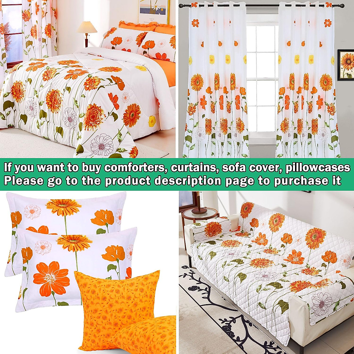 EVENHUG 100% Cotton Quilt Queen Size Orange Sunflower Bedding Set Floral Lightweight Quilt Reversible Coverlet Bedspread with 2 Pillow Shams All Seasons 3 Pieces (92"x96")