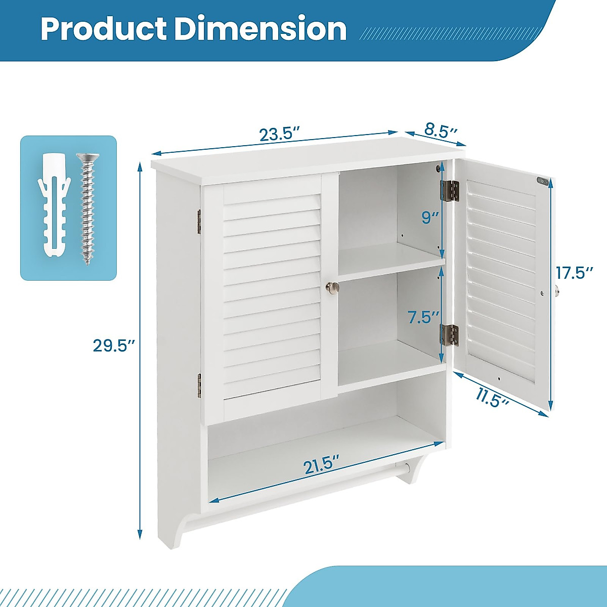 Giantex Bathroom Cabinet Wall Mounted - Hanging Medicine Cabinet with 2 Louvered Doors, 3-Position Adjustable Shelf, Towel Bar, Above Toilet Cabinet, Over The Toilet Space Saver Cabinet (White)