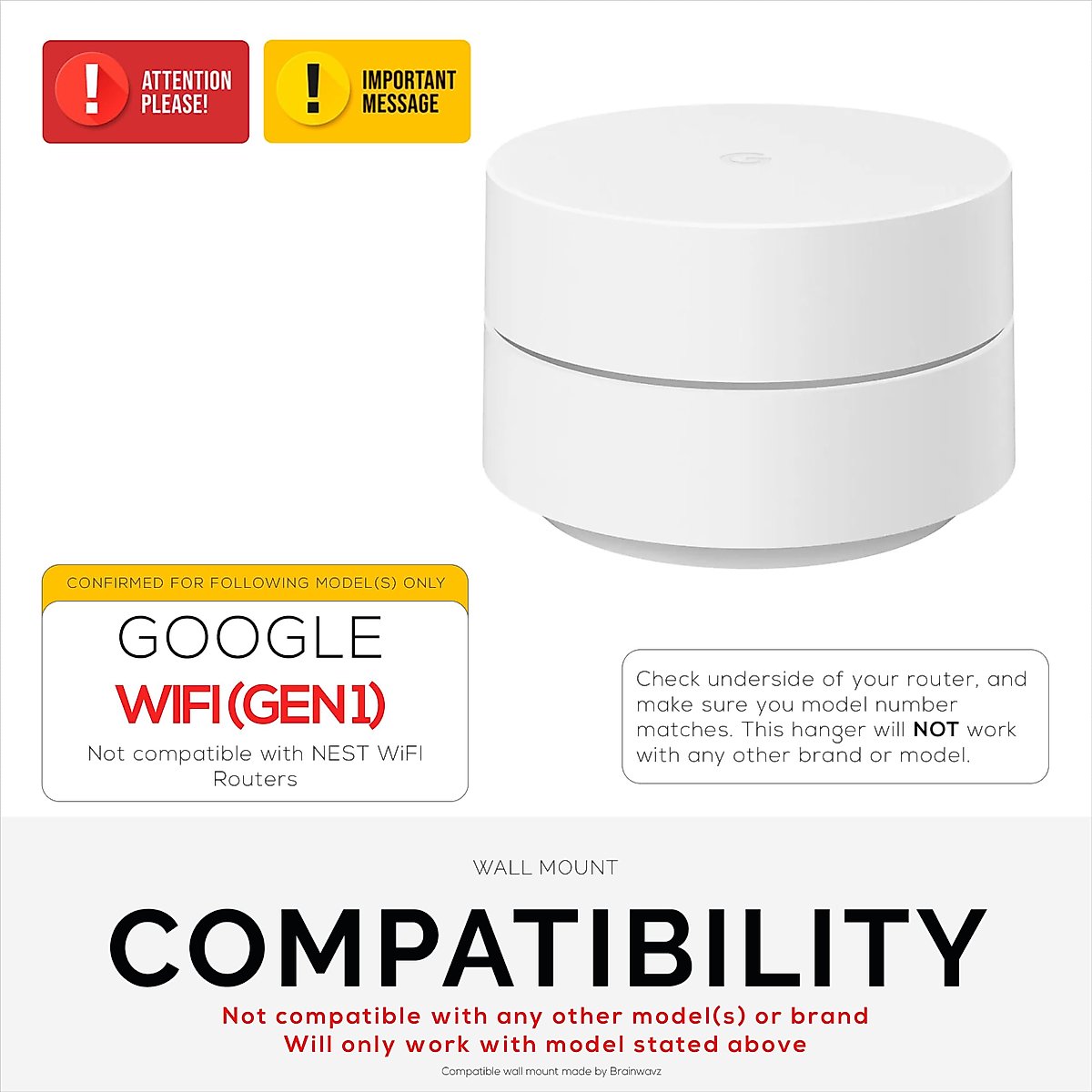 BRAINWAVZ Screwless Wall & Ceiling Mount for Google WiFi Home Mesh System Holder, No Tools Required, Easy to Install, No Mess, No Drilling, Strong VHB Adheasive Mount, White