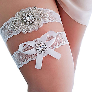 Lauthen.S Bride Lace Garter Set, Wedding Bridal Rhinestone Stretch Garter Belt(White)